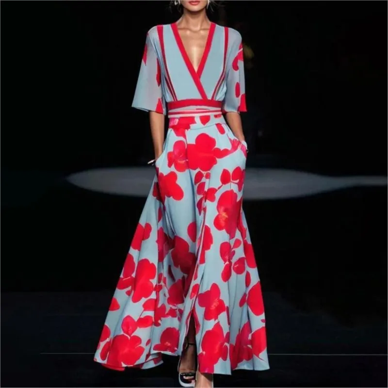 Moda mujer 2024 primavera cuello en V con cinturón vestido largo de ...