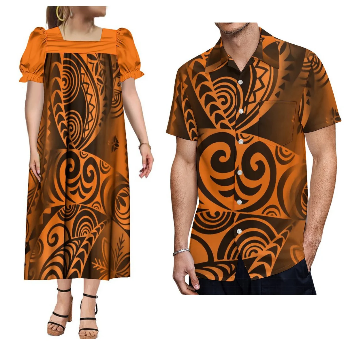 Stylish-Mumu-Puffed-Sleeve-Dress-With-Men-S-Short-Sleeve-Shirt-Samoan ...