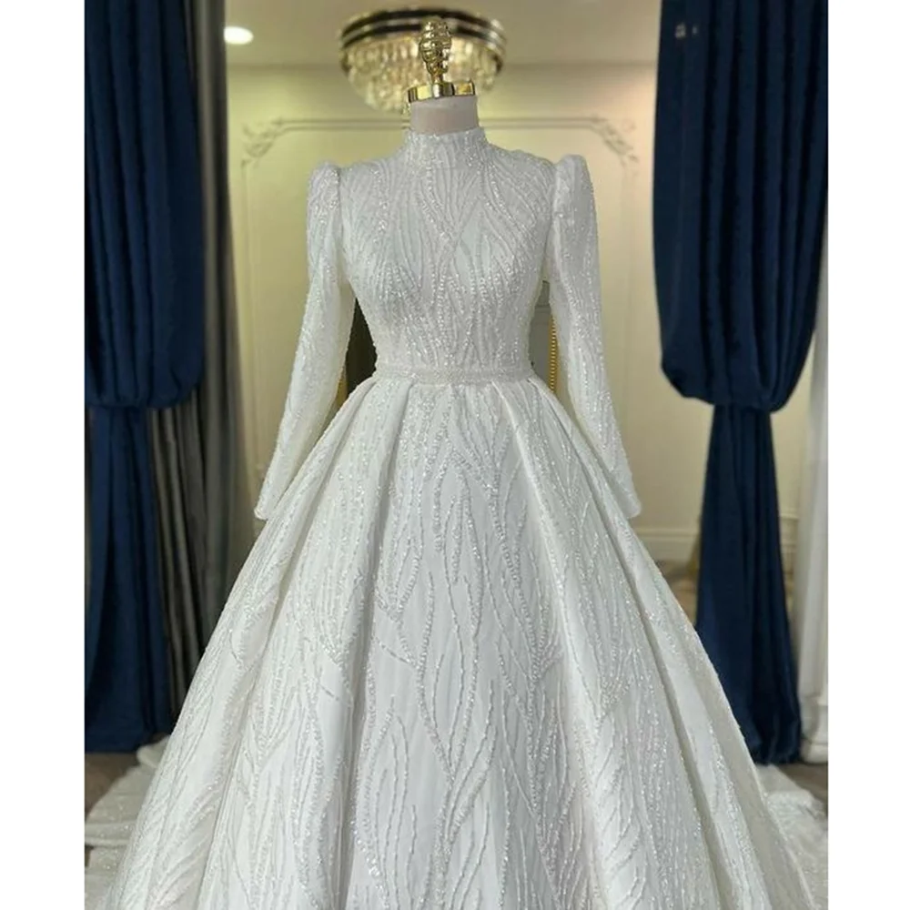 Elegant-High-Collar-Wedding-Dresses-Long-Sleeves-Beads-Sequined-Ball ...