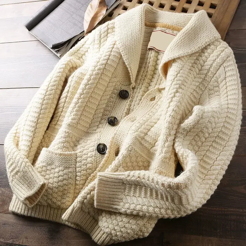 Men's Cardigan Sweater Autumn Winter Thickened Casual Coat Solid Color ...
