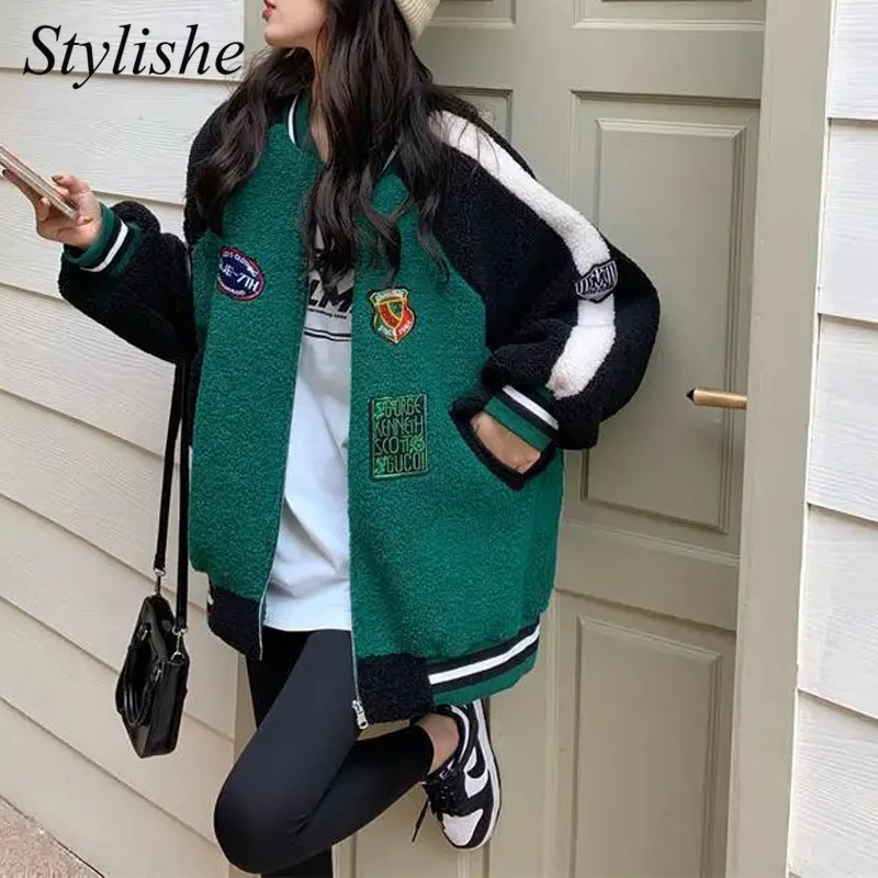 Oversized jaquetas de beisebol feminino casaco de inverno verde cordeiro lã bordado retalhos ...