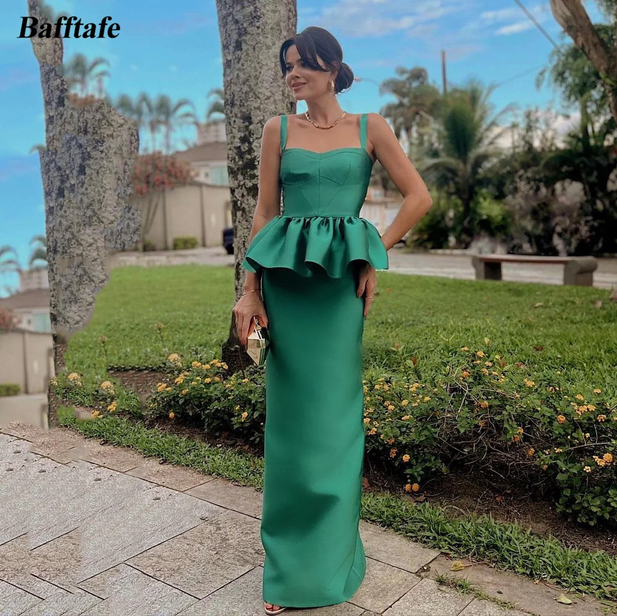 Bafftafe Green Satin Sheath Prom Dresses Women Formal Evening Gowns ...