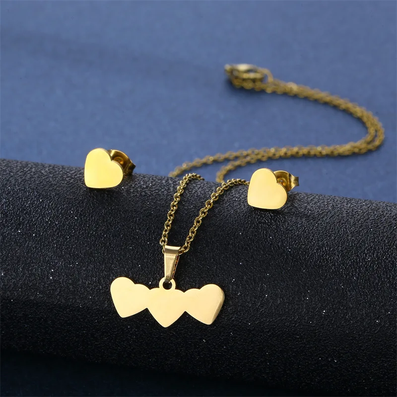 Stainless-Steel-Three-Heart-Necklace-Earring-Set-Heart-shaped ...