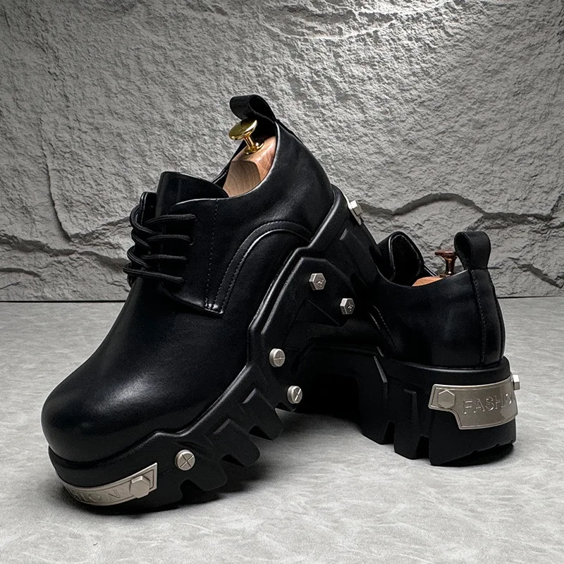 men's casual punk rock heavy metal genuine leather shoes black designer ...