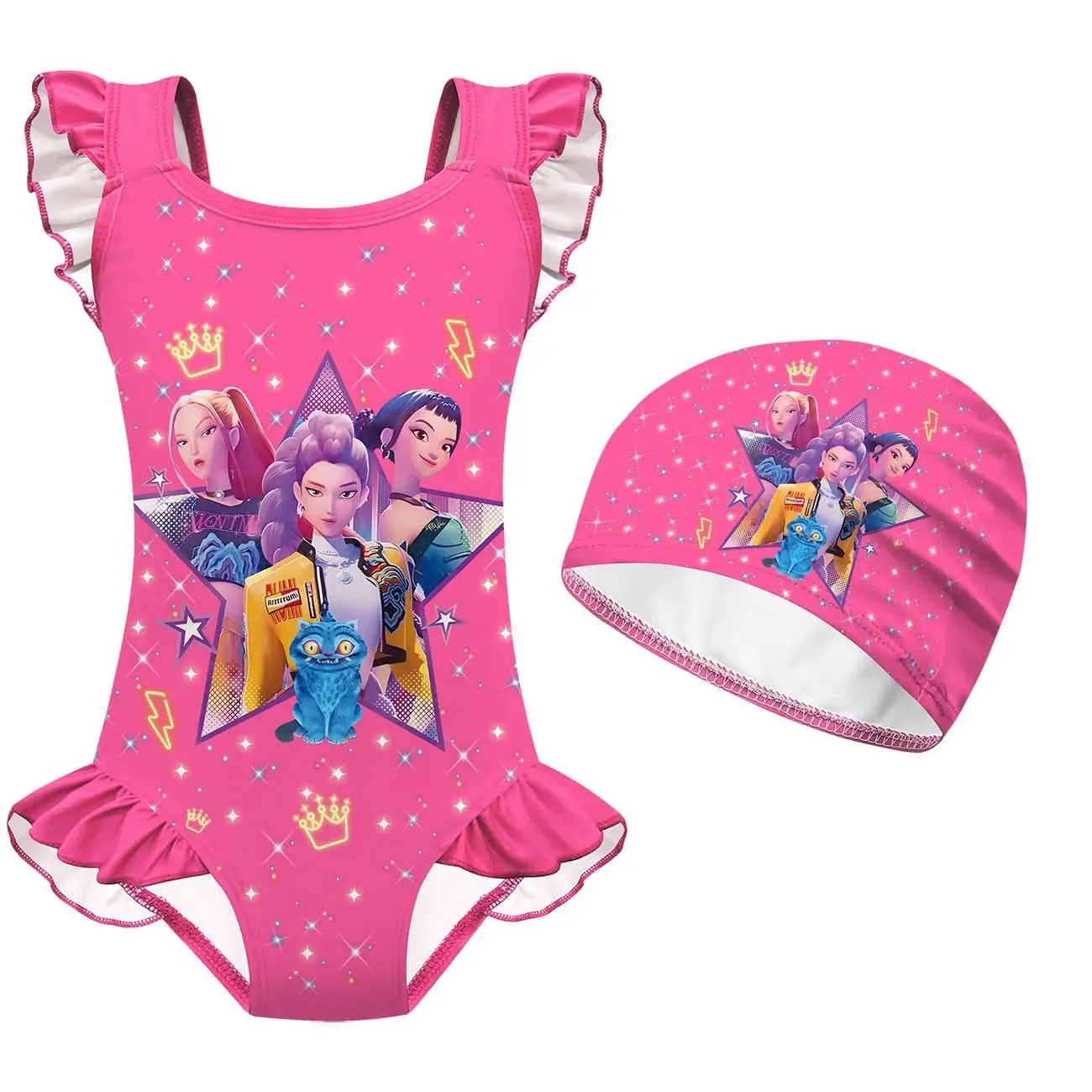 Girls' Printed Lace Trim One-Piece Swimsuit New Kids Hot Spring Beach ...