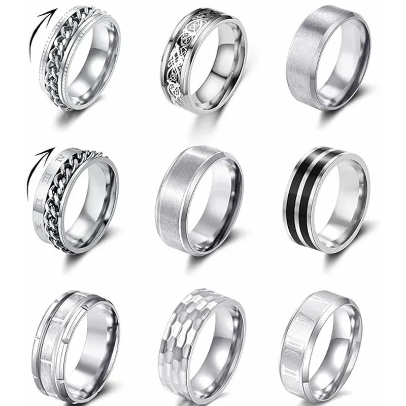 9-piece stainless steel ring set for men and women to relieve stress ...