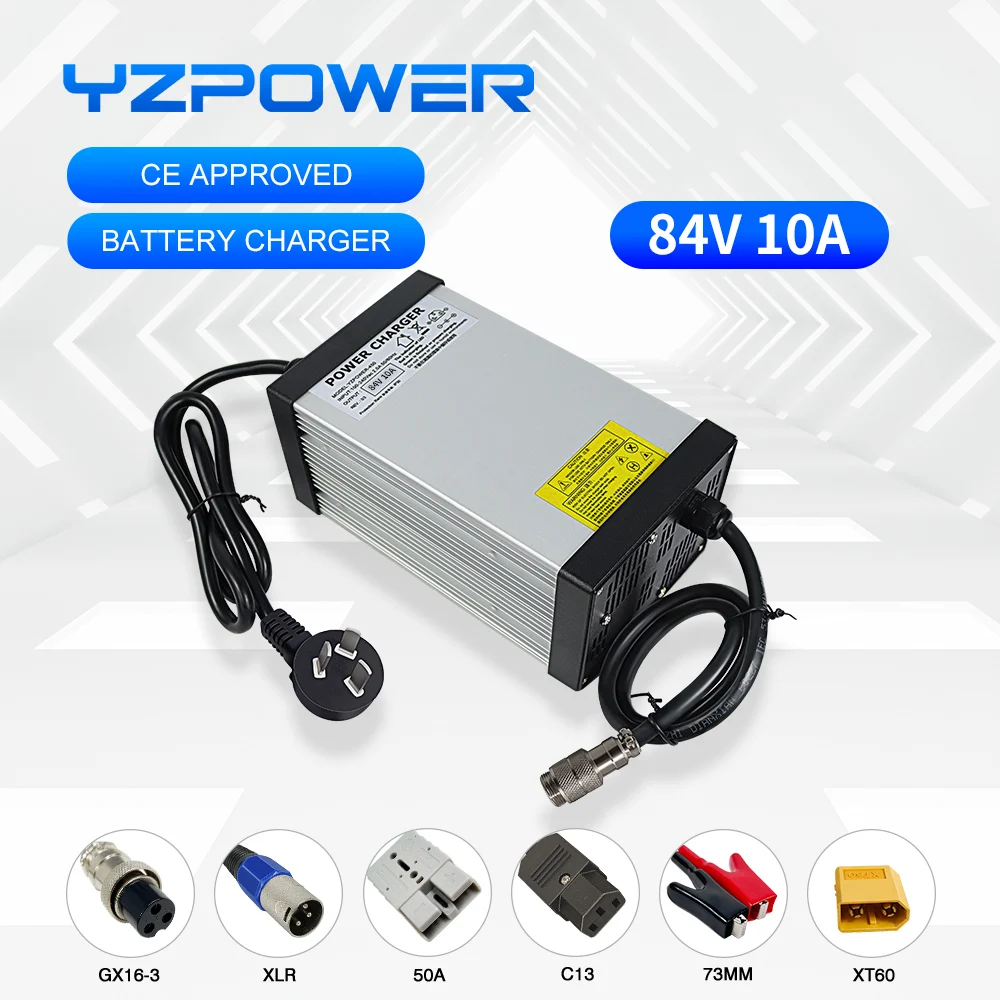 Yzpower 리튬 배터리 스마트 알루미늄 케이스 밸런스 자동차 고속 충전기 냉각 팬 포함 Ac Dc 커넥터 포함 72v