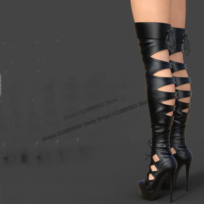 Solid-Matte-Leather-Cut-Out-Boots-Platform-Over-The-Knee-Shoes-For ...