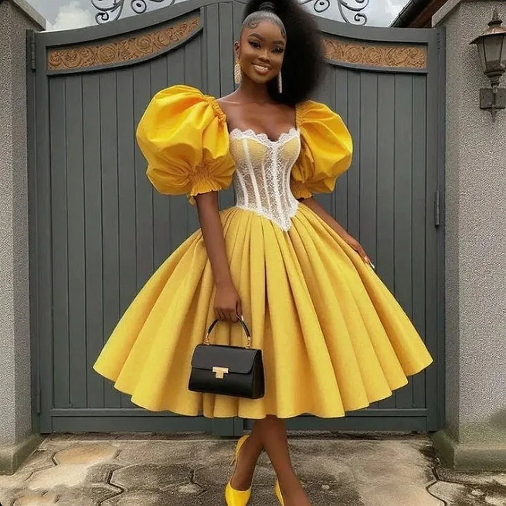 Aso Ebi Gold Prom Dresses With Short Puffy Sleeves Sweetheart A Line ...
