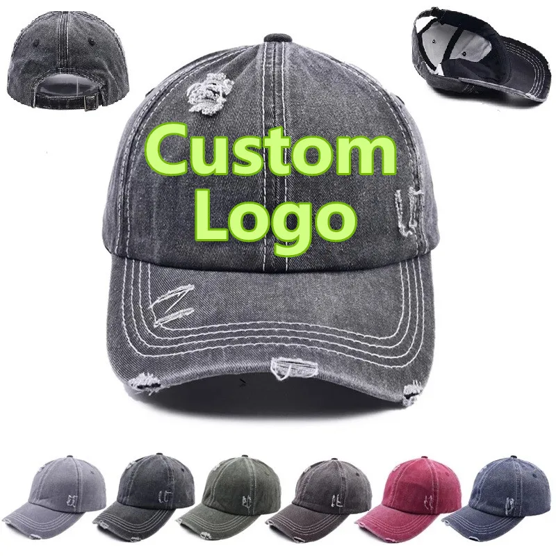 Custom-Logo-Unisex-Vintage-Washed-Cotton-Hole-Distressed-hat-Sports ...