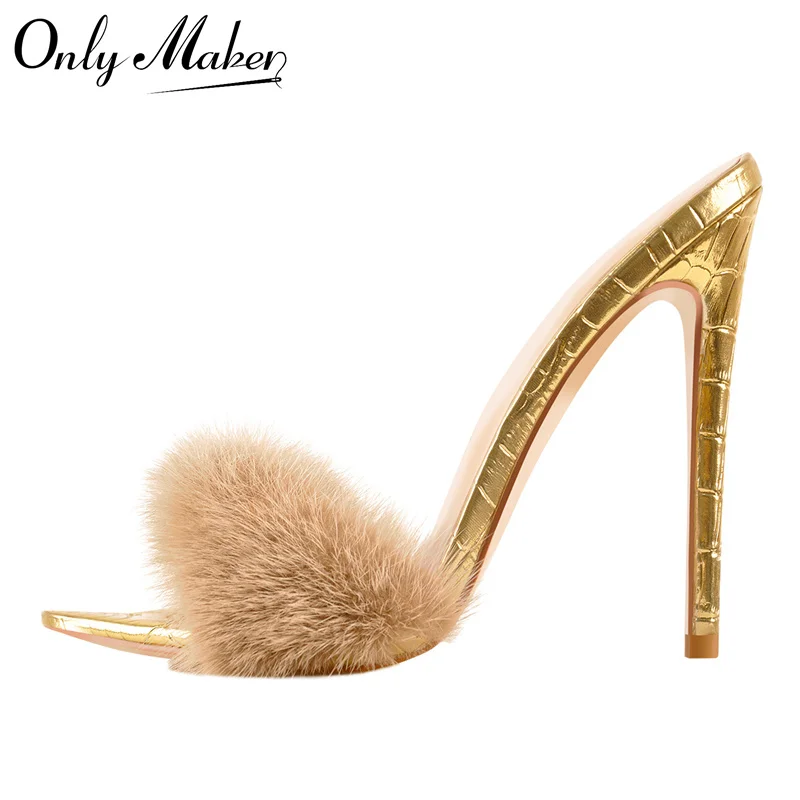 Onlymaker-Women-Peep-Toe-Mules-Artificial-Fur-Gold-Slip-On-Thin-High ...