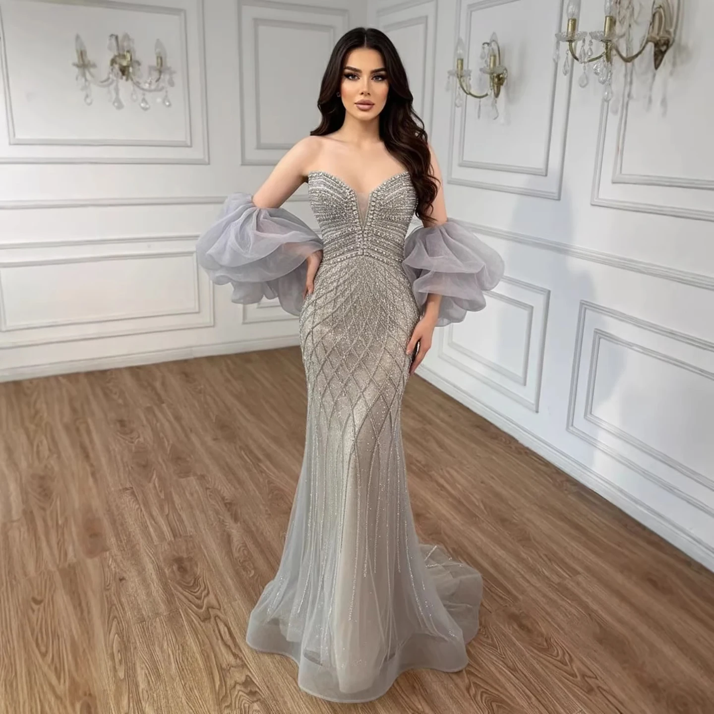 Serene Hill 2026 Luxury Gray Beaded Evening Dress With Cape Gowns For ...
