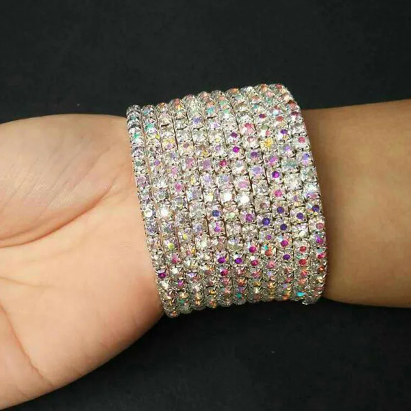 7 10 Rows Rhinestone Bangle Bracelet Silver Plated and Gold Color Metal ...