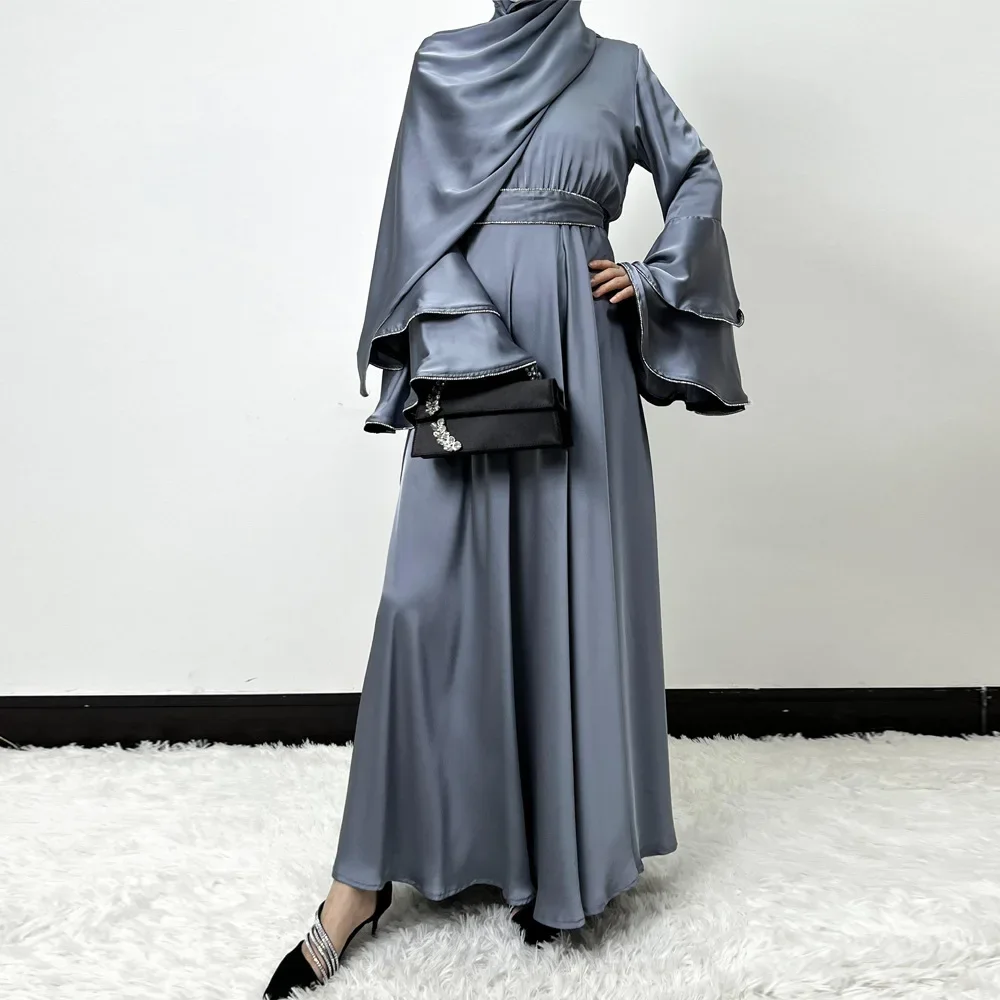 Eid Abaya Muslim Women Modest 3 Piece Set Dresses Sashes Scarf Vestidos ...