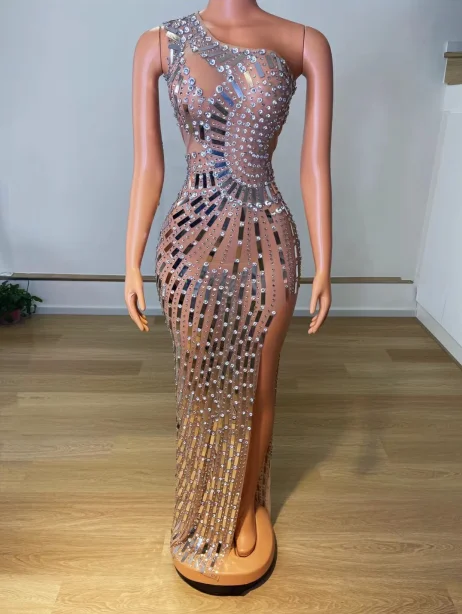 Singel-Shoulder-Shining-Silver-MirrorsRhinestones-Dress-Evening-Party ...