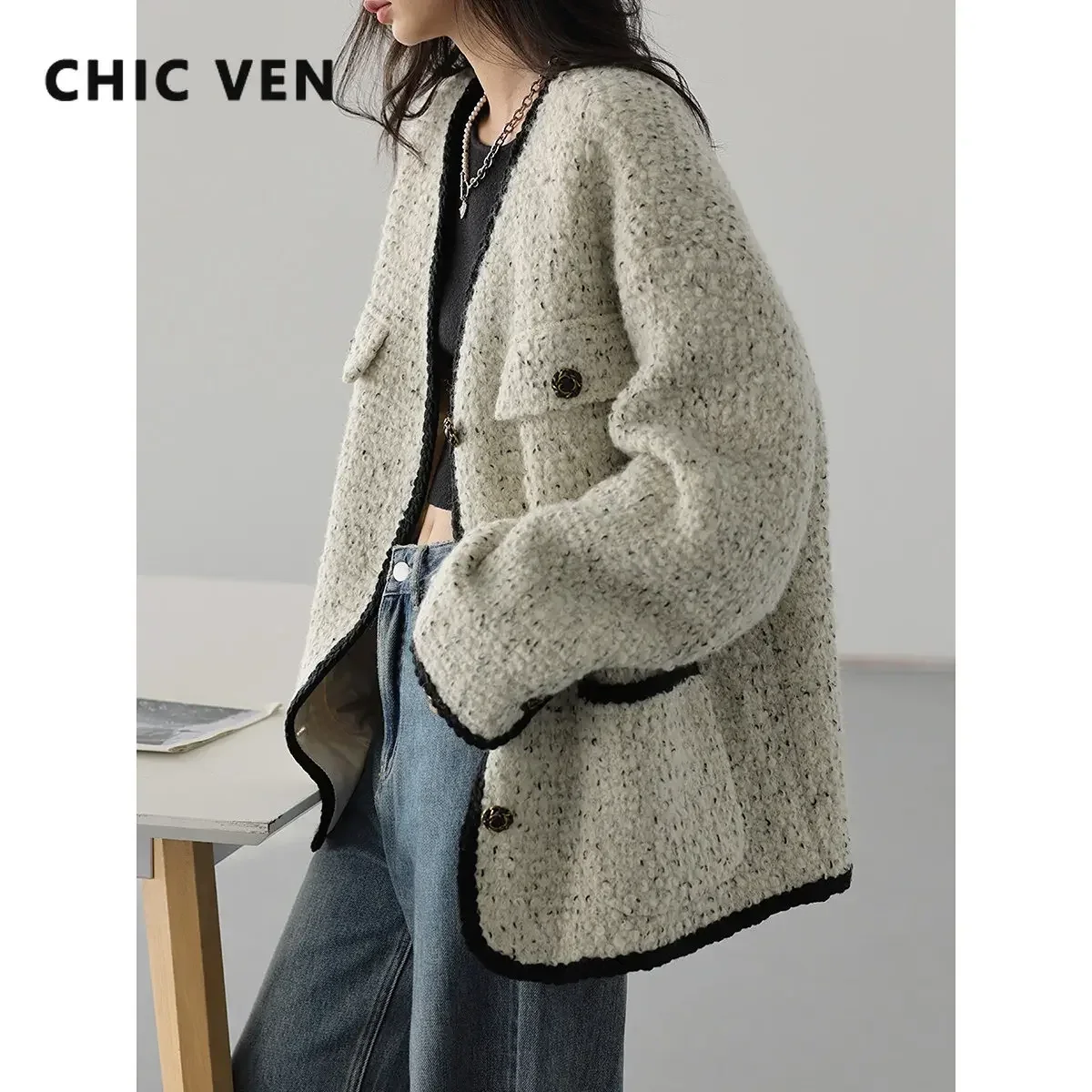 CHIC-VEN-Women-s-Woolen-Coat-Heavy-Industry-Down-Jacket-Vintage-V-Neck ...