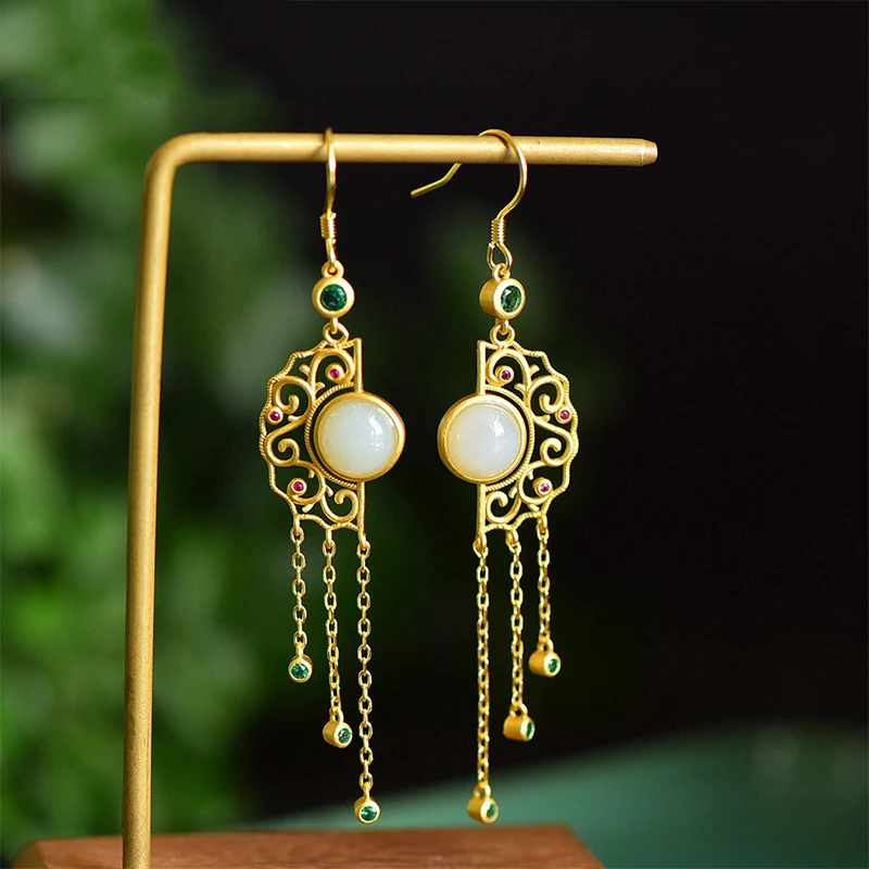 Chinese-style-natural-Hetian-jade-exquisite-tassel-long-earrings-for ...
