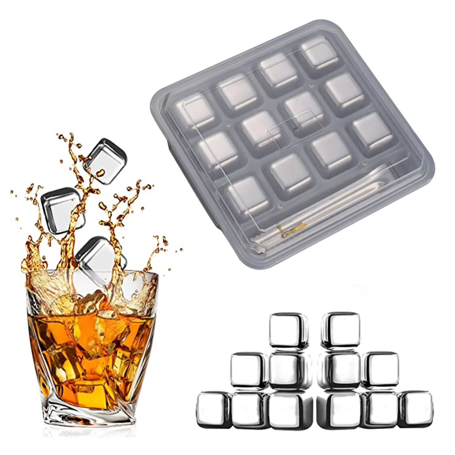 12PCS Stainless Steel Ice Cubes Reusable Quick-Freeze Whiskey Stones ...