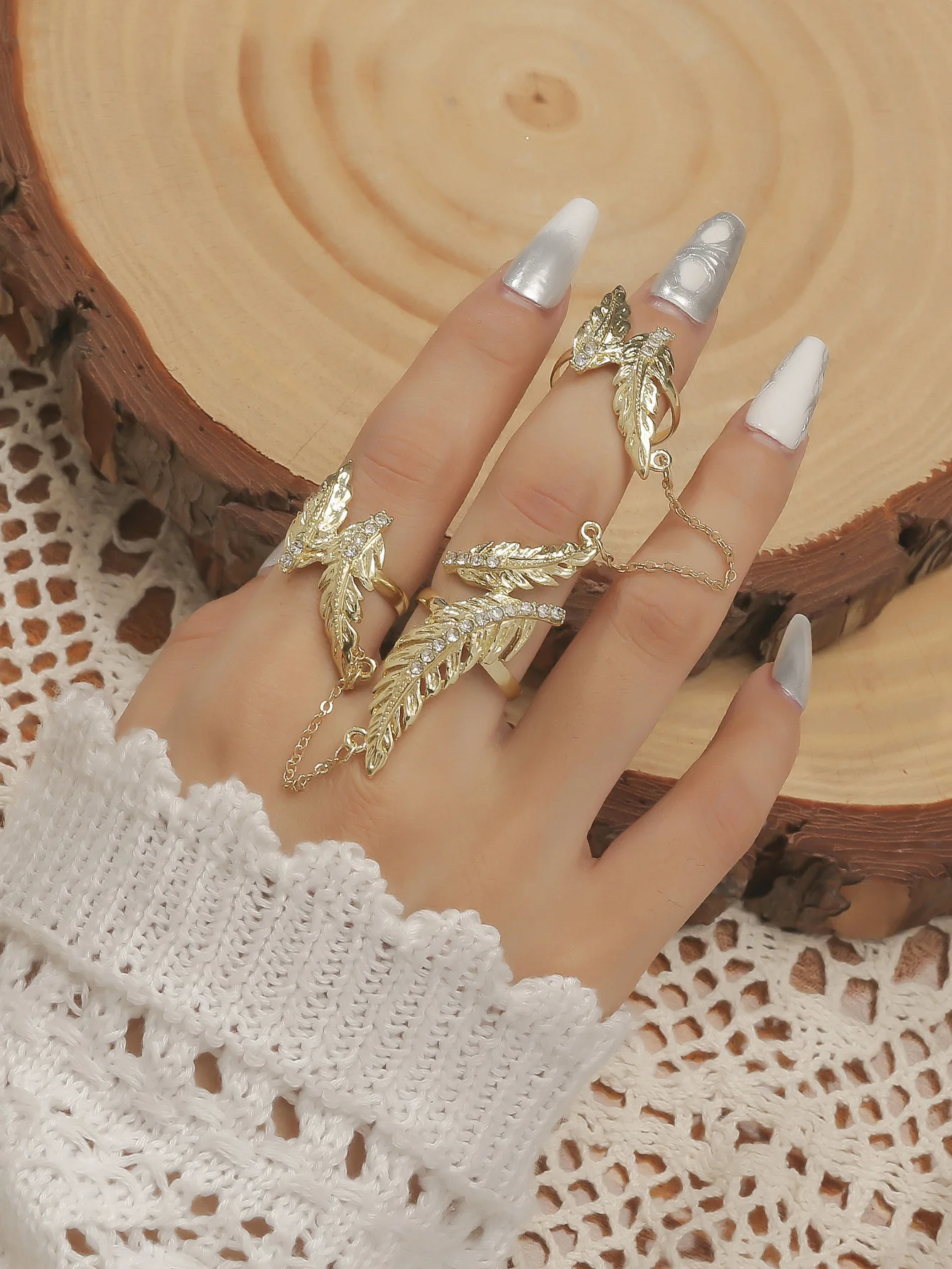 3PCS-Simple-Link-Chain-Gold-Leaf-Metal-Finger-Rings-Sets-for-Women-Boho ...