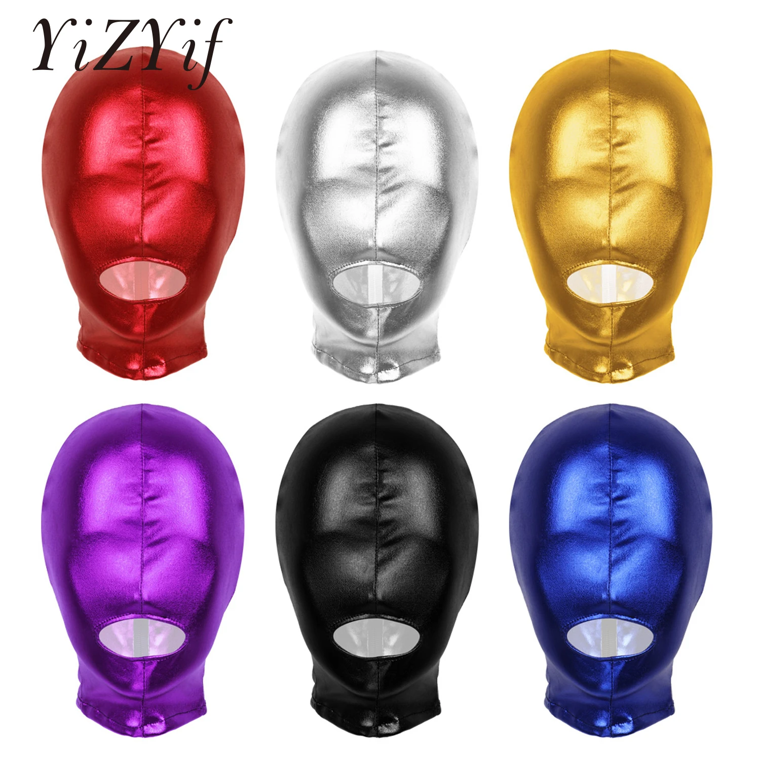 Unisex Latex Hood Mask Shiny Metallic Open Mouth Hole Headgear ...
