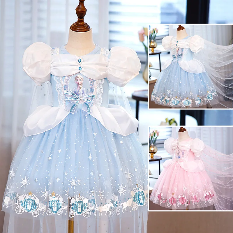 Disney Cartoon Frozen Girls Elsa Princess Dress Summer Kids Baby Puff ...