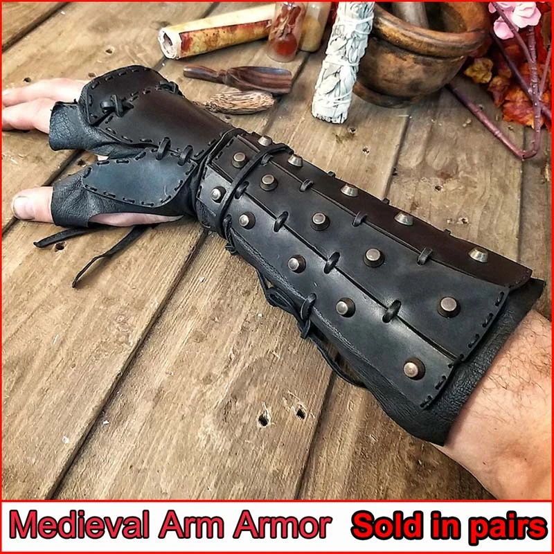 Steampunk Medieval Samurai Leather Bracer Long Gloves Gauntlet Viking ...