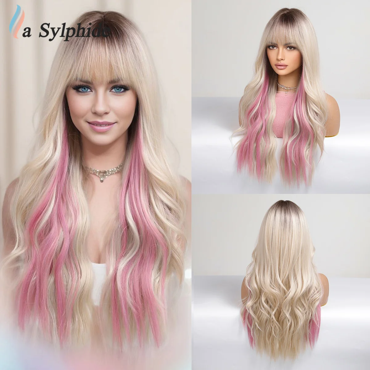 LaSylphide-Pink-Blonde-Wig-Long-Synthetic-Wig-with-Bangs-Daily-Party ...