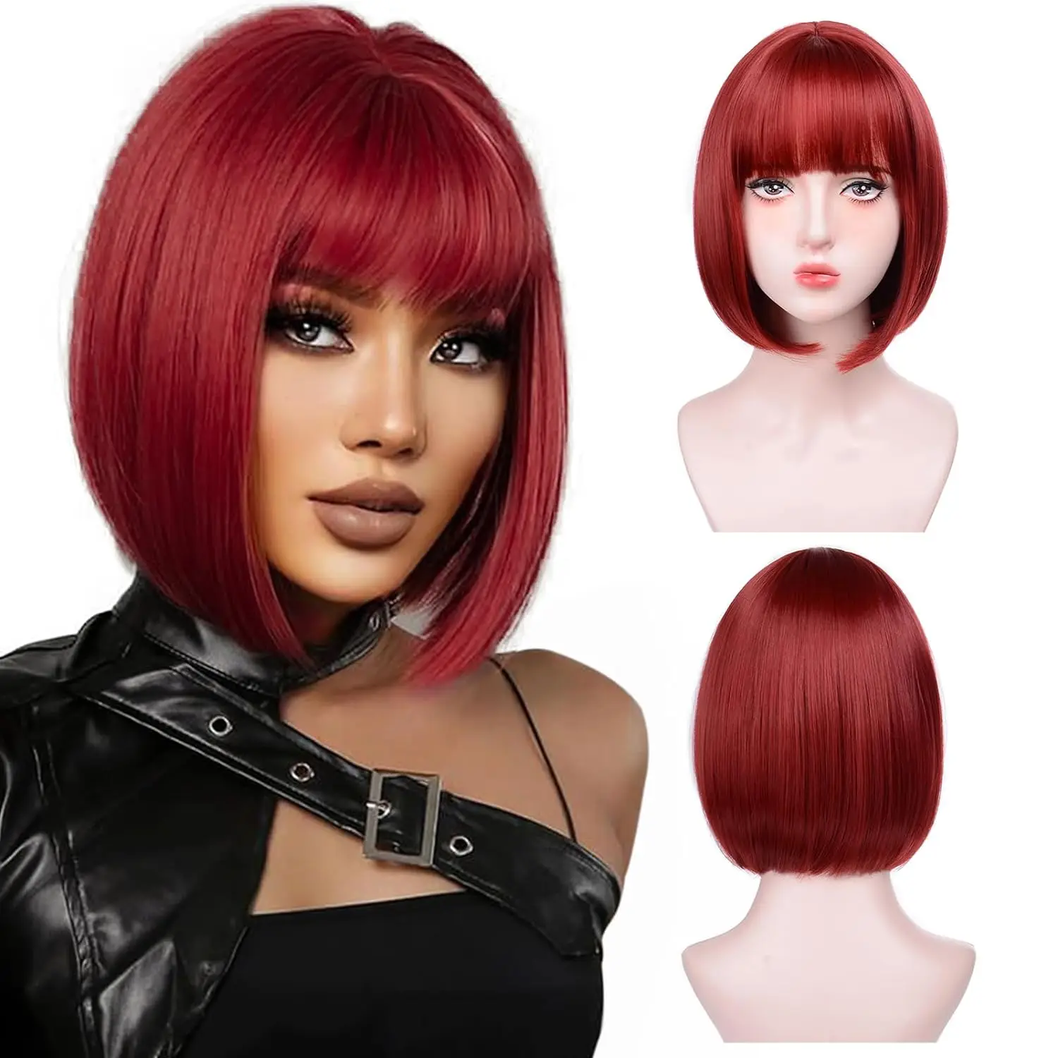 Synthetic Short Wine Red Bob Wigs For Women Burgundy Bob Wigs With ...