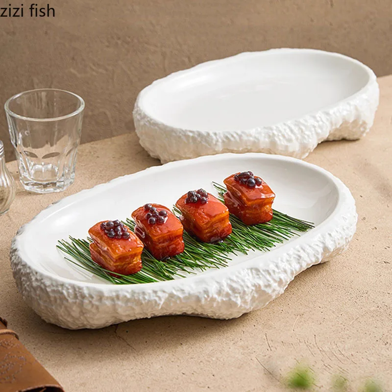 Irregular-Rock-Texture-Ceramic-Dinner-Plate-Pure-White-Dessert-Plate ...
