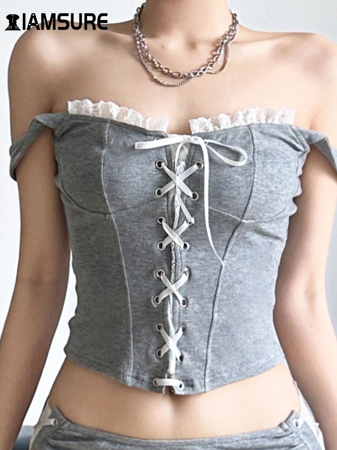 IAMSURE Basic Slim Lace Trim Bandage Camis Tops Sexy Slash Neck Sleeveless Taank Tops Women 2024 ...