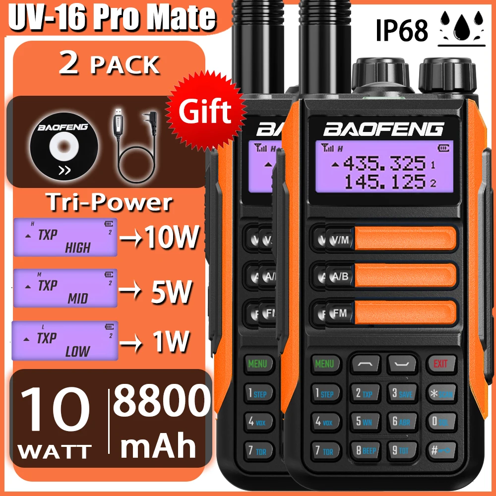 2pack Baofeng Uv-16 Pro Mate True High Power 10 Watts Walkie Talkie Long Range 50km Dual Band ...