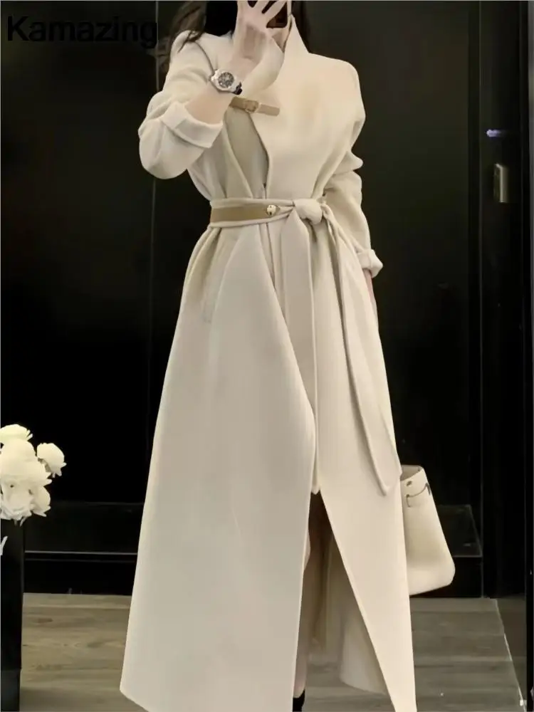 Women Elegant Long Woolen Coat with Belt Autumn Winter Fashion Solid ...