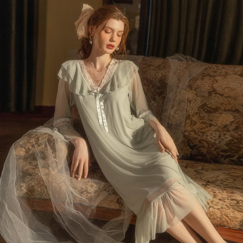 Sexy-Spring-Mesh-Night-Dress-Women-Vintage-Loose-V-Neck-Nightgown-Sweet ...