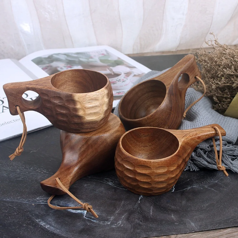 NEW-Kuksa-Portable-Coffee-Mug-Rubber-Wood-Handle-Two-Hole-Cowhide-Rope ...