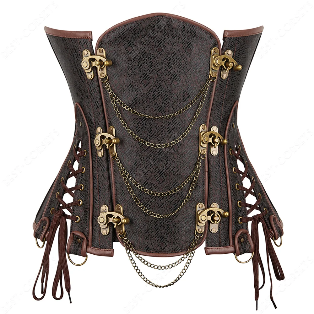 Brown Corset Women Steampunk Faux Leather Underbust Corset Steel Boned ...