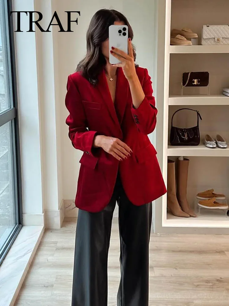TRAF-Female-Blazers-Coats-Red-Turn-Down-Collar-Long-Sleeves-Pockets ...