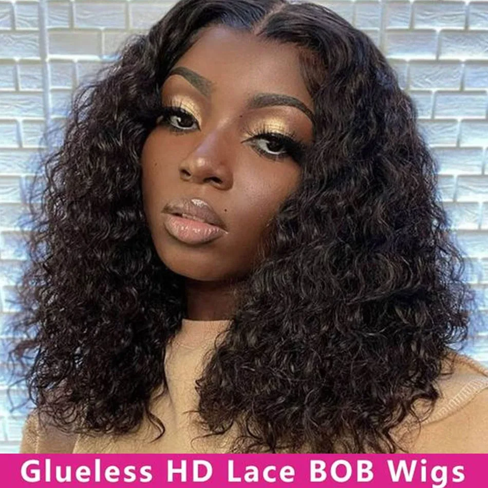 100-Human-Wigs-Water-Wave-Short-Bob-Transparent-Lace-Frontal-Deep-Curly ...