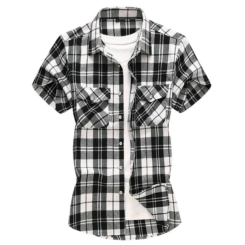 Striped-Plaid-Short-sleeved-Shirt-Men-s-Single-breasted-Square-Collar ...