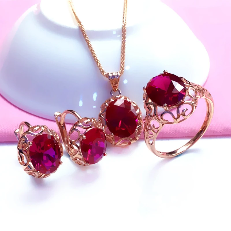 Luxury-585-purple-gold-inlaid-ruby-jewelry-set-hollow-design-14K-rose-gold-wedding-necklaces ...