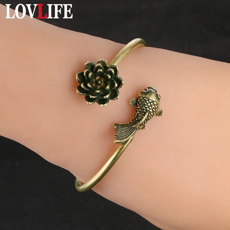 Solid-Brass-Lotus-Red-Eyes-Goldfish-Openable-Bangles-Women-Bracelets ...
