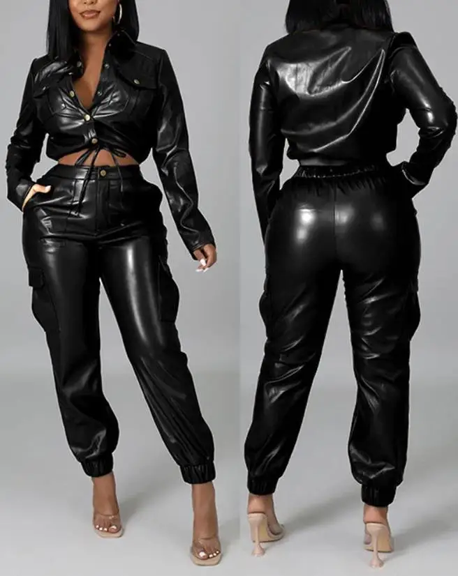 Two-Piece-Sets-Womens-Outifits-Fashion-Plain-Zipper-PU-Leather-Long ...