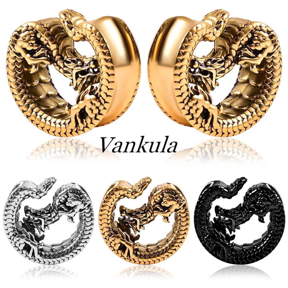 Vankula 스테인레스 스틸 귀 플러그 확장기 드래곤 안장 터널 귀 게이지 피어싱 바디 쥬얼리 여성용 귀 들것 2 피스