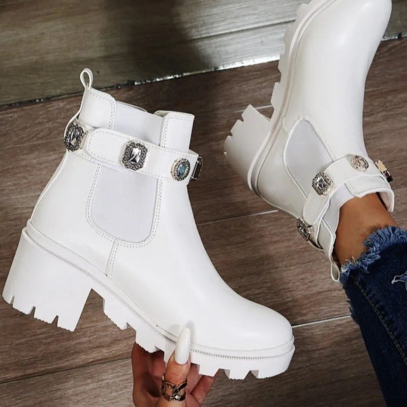 New-Women-Ankle-Boots-Crystal-Rhinestone-Slip-On-Platform-PU-Leather ...