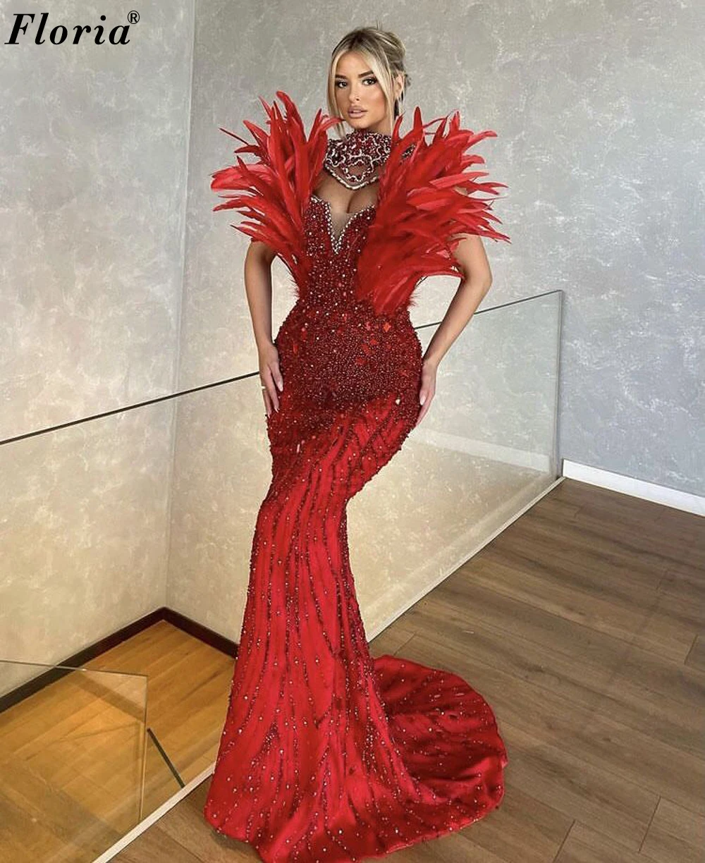 Special-Red-Beaded-Prom-Dresses-Mermaid-Feathers-Evening-Dresses-With ...