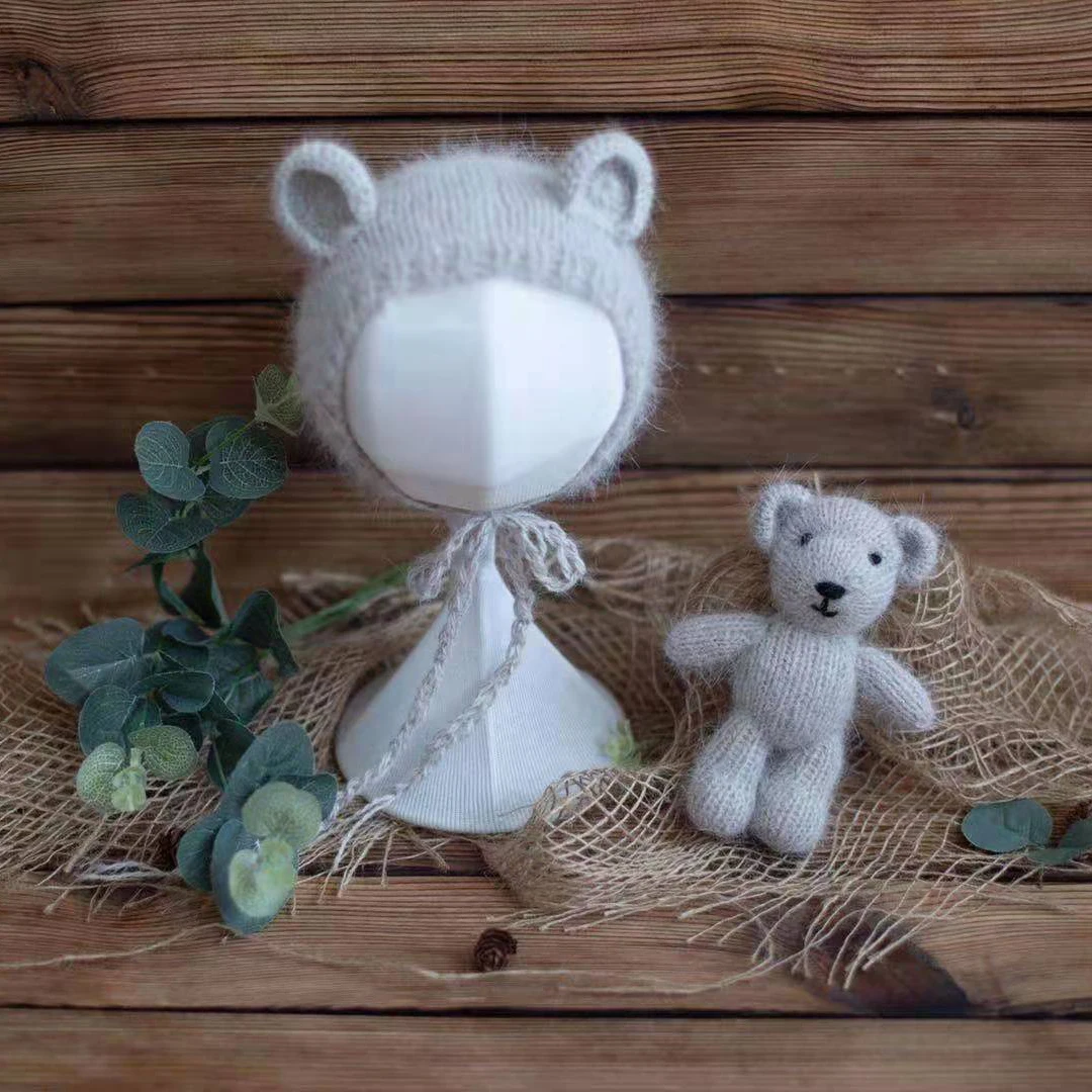 Hand Mand Knitted Angora Teddy Bear Bonnet Toy Newborn Photography Prop ...