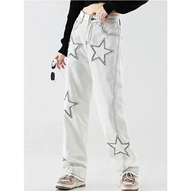 American-Fashion-Embroidered-Star-Jeans-Women-High-Street-White-High ...
