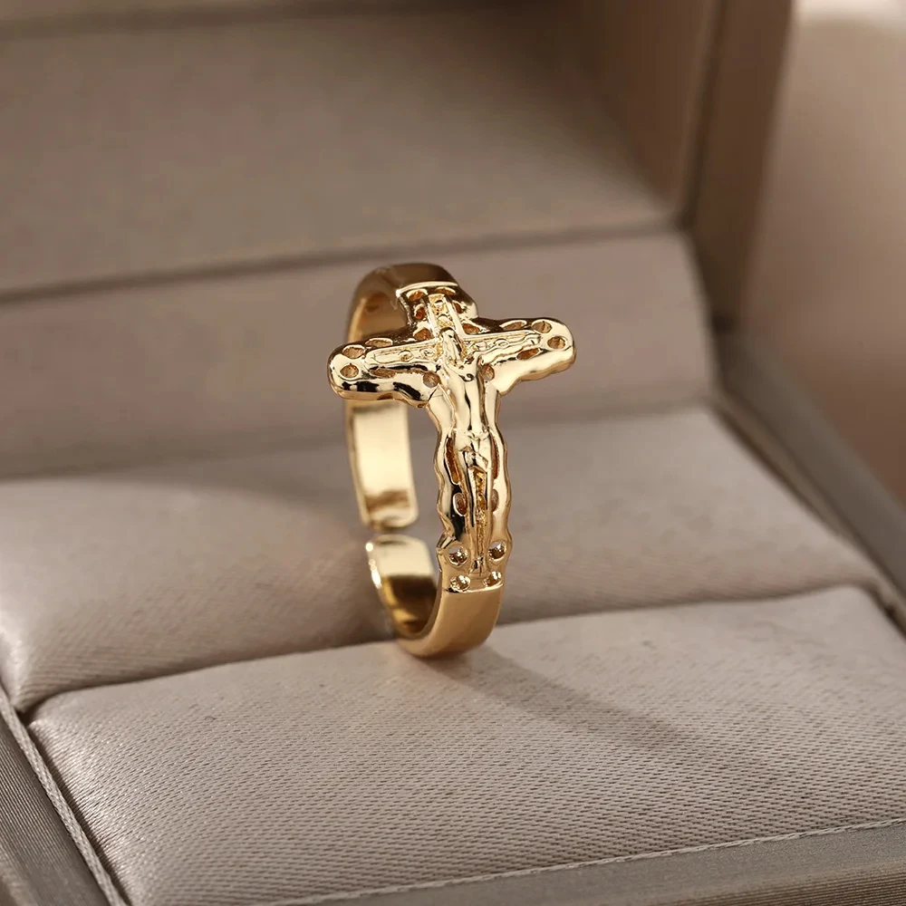 Vintage-Jesus-Cross-Rings-For-Women-Men-Gold-Color-Stainless-Steel ...