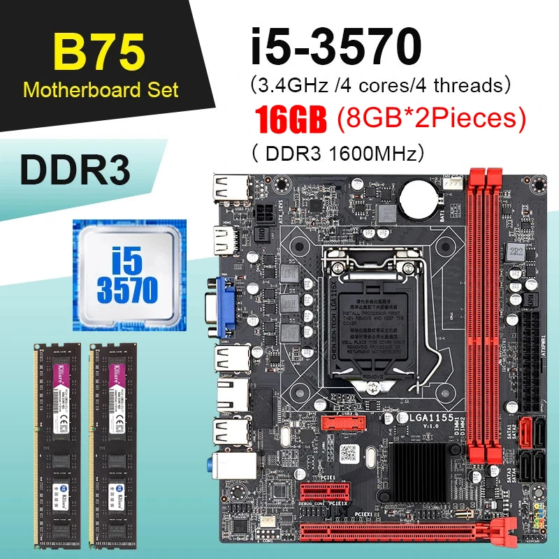Kllisre B75 LGA 1155 Motherboard gaming kit com i5 3570 2*8GB DDR3 1600 processador e memória ...