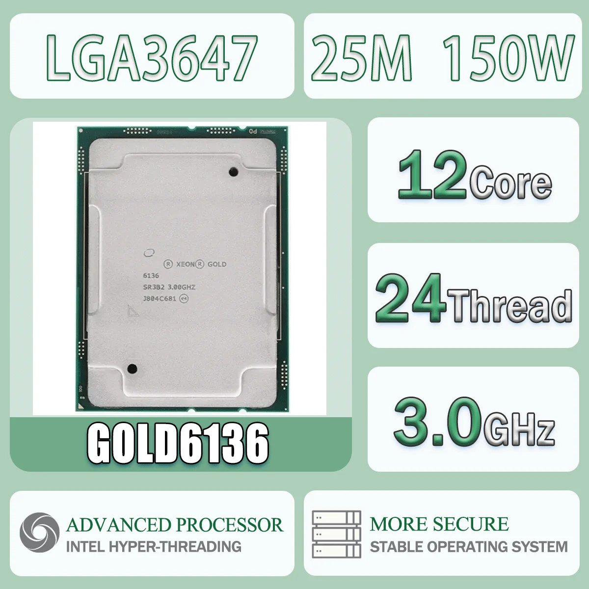 Intel Xeon GOLD6136 3.0GHz 12 Cores 24 Threads 25MB 150W GOLD 6136 CPU ...