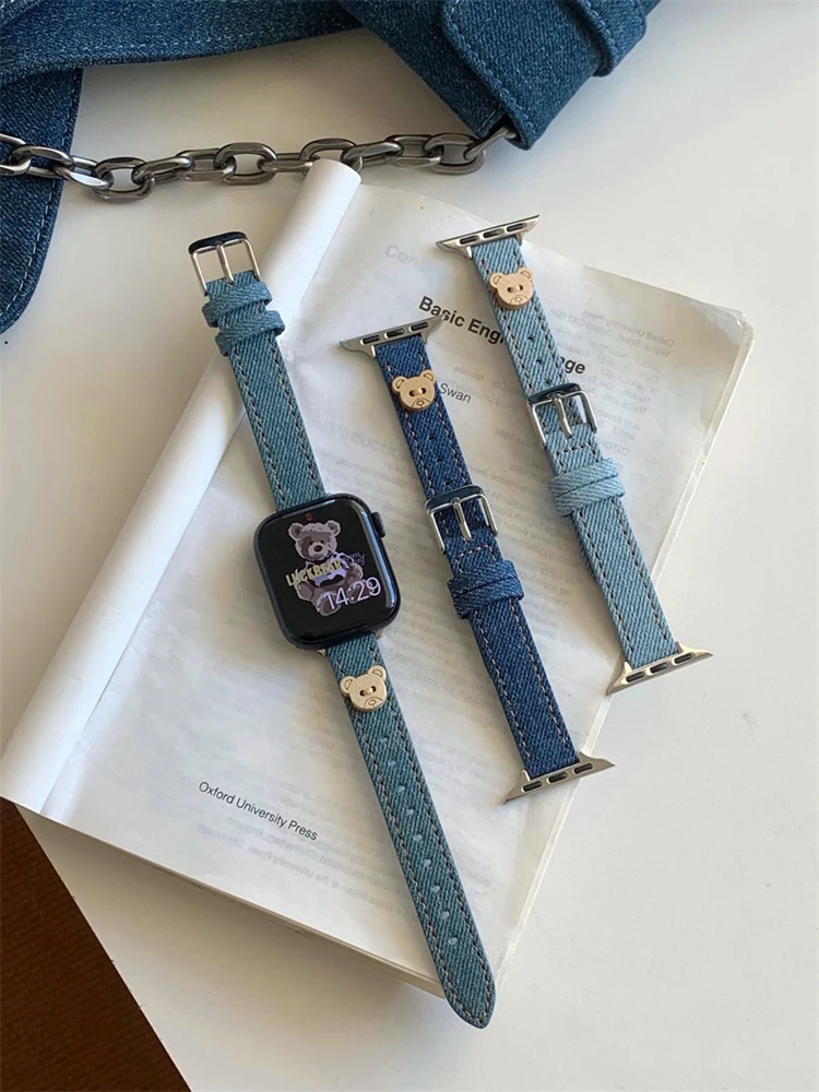 Cute-Baby-Bear-Button-Denim-Slim-Leather-Watch-Band-For-iWatch-Series-8 ...